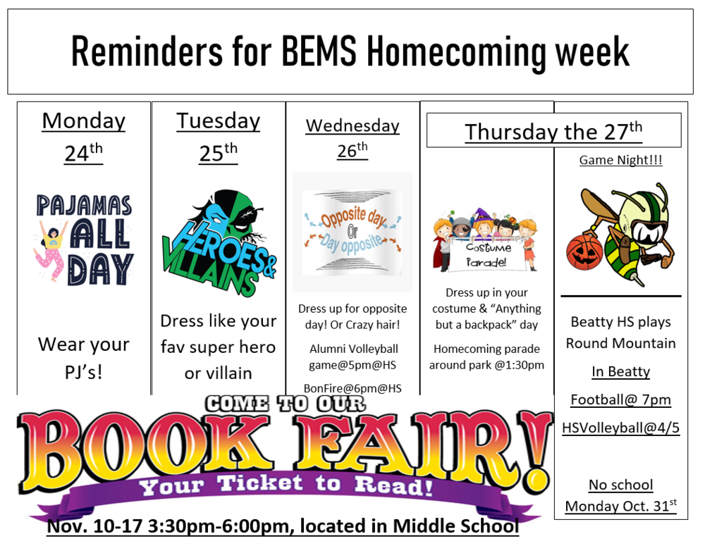 2022 Homecoming week calendar for BEMS | Beatty Schools (PREK-12)